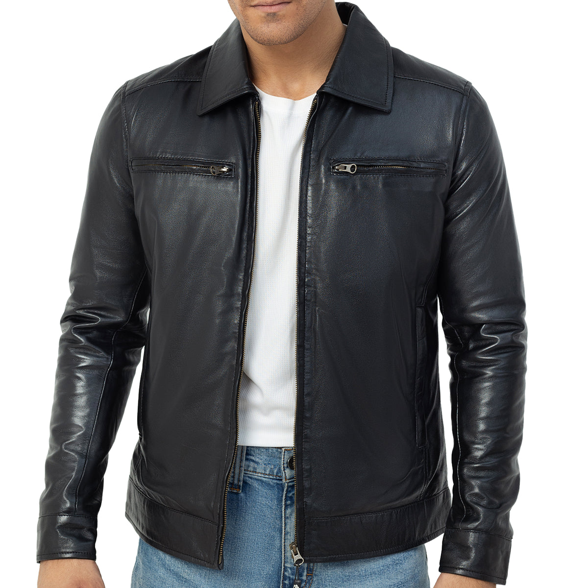 Leather Jacket Men Polo Collar |100% Lambskin Leather Motorcycle Jacke ...